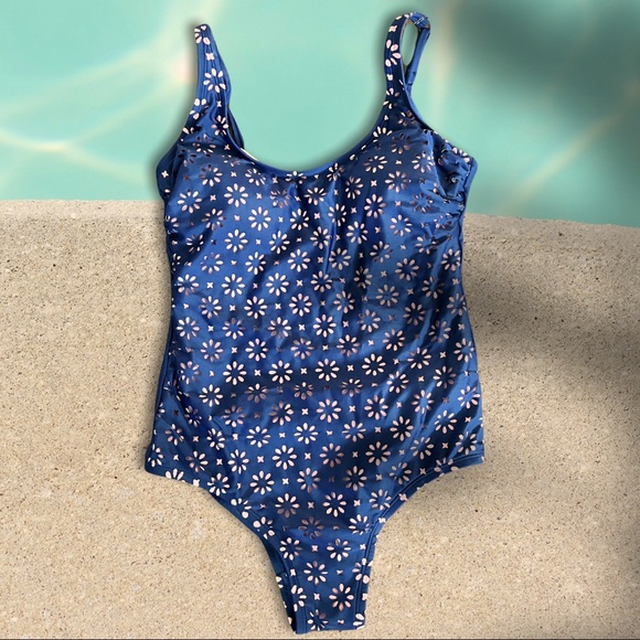 Swim | One Piece Floral Pattern Navy Blue Swimsuit M | Poshmark